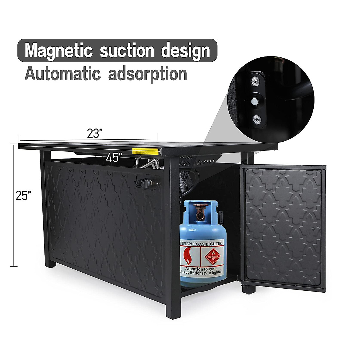 MFSTUDIO 45” Outdoor Rectangular Gas Fire Pit Table，50000 BTU Propane Iron Plate Embossing Fire Table with Lid and Blue Glass for Patio,Backyard and Balcony,Black