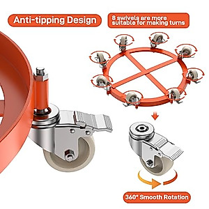 NeapNuuk Heavy-Duty 55 Gallon Drum Dolly with 2000 LBS Capacity, 8 Caster Wheels for Smooth Mobility, Non-Tipping Trash Can Dolly with Orange Steel Frame