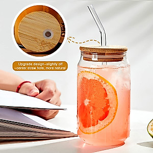 Transparent Glass Cups with Bamboo Lids and Glass Straw, 4pcs 16oz Can Shaped Glass Cups, Beer Glasses, Iced Coffee Glasses, Cute Tumbler Cup, Ideal for Cocktail, Whiskey, Bonus 2 Cleaning Brushes