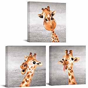 SiMiWOW Giraffe Art Decor Pictures Funny Wild Animals Framed Canvas Wall Art Kids Children Bedroom Bathroom Nursery Wall Decor