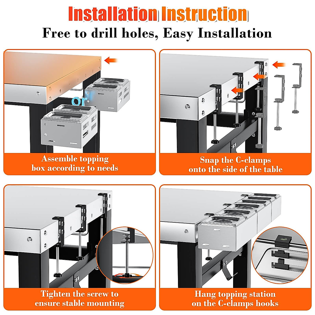 Pizza Topping Station Stainless Steel, 6 Seasoning Containers with Lid, Condiment Tray for Prepping Toppings, Pizza Oven Accessories, Grill Table Cart Topping Station, C-Clamp for Different Tabletop