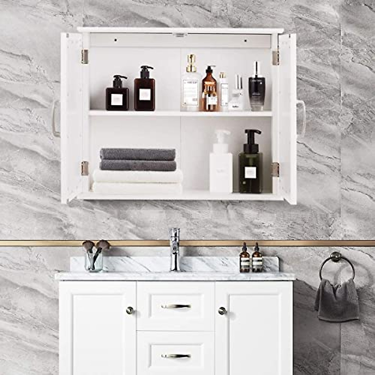 LUARANE Bathroom Medicine Cabinet, Wall Mounted Cabinet with Double Mirror Doors, Storage Organizer Cabinet with 2 Storage Shelves, Mirror Cabinet for Bathroom Entryway Living Room, White