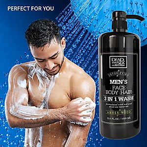 Dead Sea Collection Mens Body Wash 3 in 1 – Amber Wood Body Wash for Men – Shower Gel – Shampoo – Shower Soap for Face and Hair – Pack of 2 Bottles (33.8 Fl. Oz. Each)