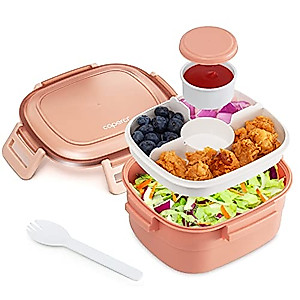 Caperci Superior Salad Container for Lunch To Go - Large 55-oz Salad Bowl Lunch Box Container with 4-Compartment Bento-Style Tray, 3-oz Sauce Container, Reusable Spork & BPA-Free (Pink)