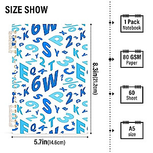 Blue English Letters Digital Spiral Journal Notebook for Women Men A5 Memo Notepad Sketchbook with Durable Hardcover & 60 Pages College Notebooks for Boys Grils Study Notes Work School Journaling