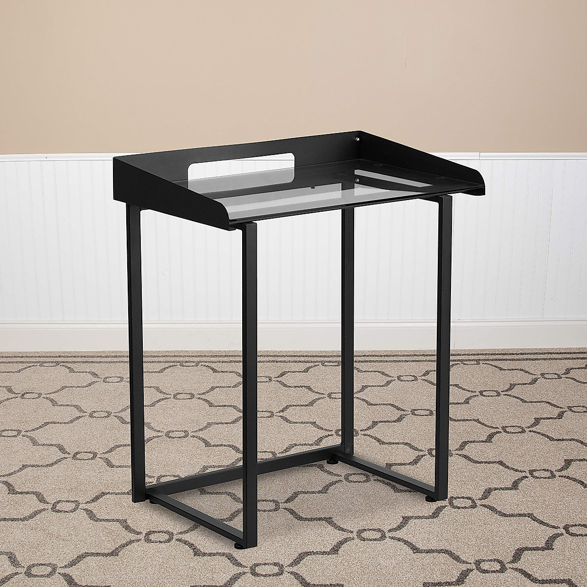 Flash Furniture Jayden Contemporary Clear Tempered Glass Desk with Raised Cable Management Border and Black Metal Frame
