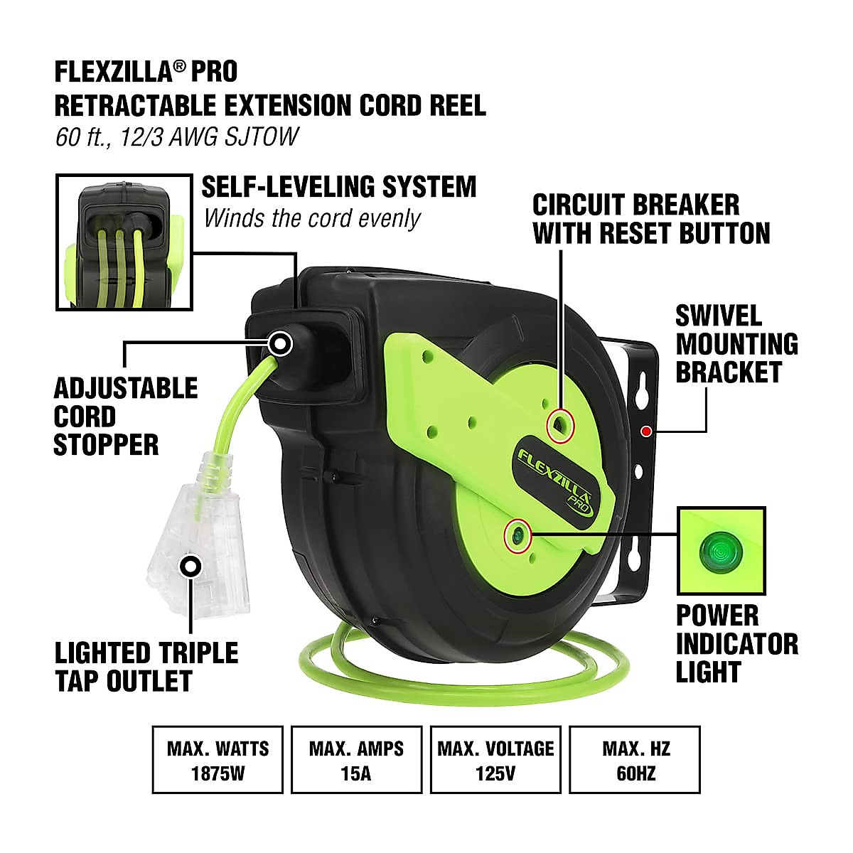 Flexzilla Retractable Extension Cord Reel, 12/3 AWG SJTOW Cord, 60', Grounded Triple Tap Outlet, ZillaGreen, FZ8120603
