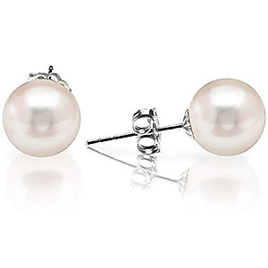 PAVOI Handpicked AAA+ 14K White Gold Plated Sterling Silver Round White Freshwater Cultured Pearl Earrings | Pearl Earrings for Women - 5mm