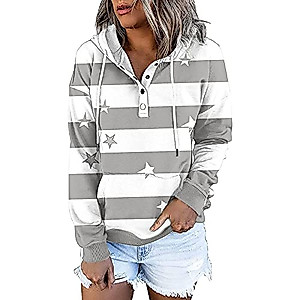 Women Casual Pullover Hoodies Sweatshirt Plus Size Button Down Drawstring Loose Long Sleeve Striped Top with Pockets Gray