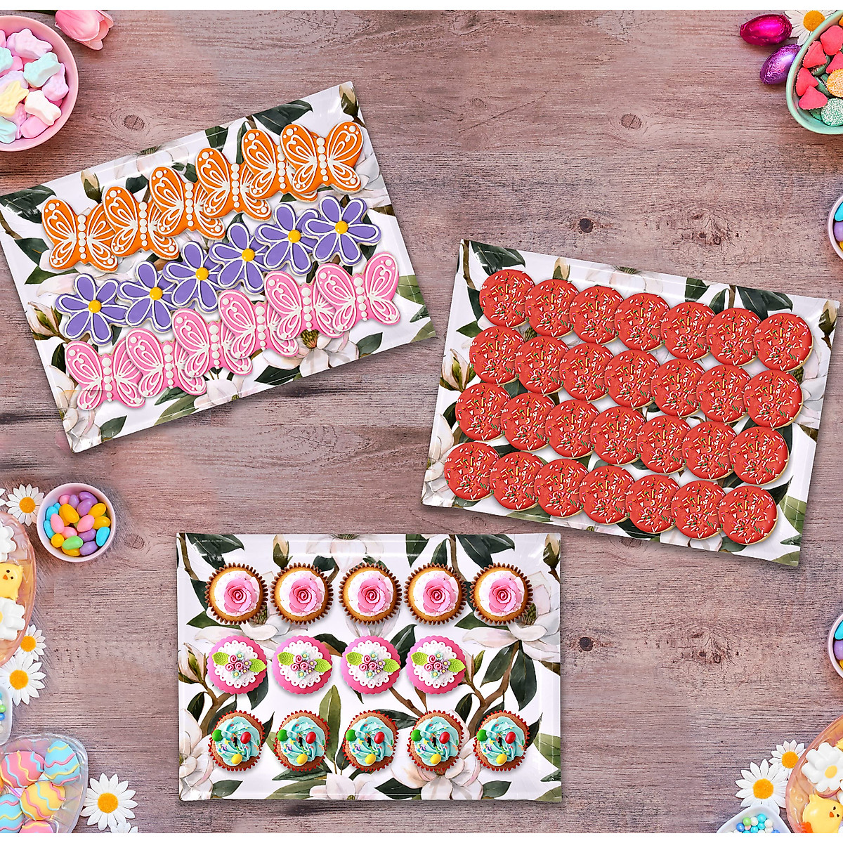 Gift Boutique 10 Disposable White Floral Serving Trays Large 10.75" X 15.75" Heavy Duty Rectangle Paper Cardboard Magnolia Tray for Dessert Platter Cupcake Display Birthday Party Tableware Supplies