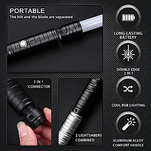 2 in 1 Dueling Lightsaber Alloy Handle Light Saber 15 RGB Colors with 4 Modes 6 Sound Effects USB Rechargeable Detachable Lightsaber for Kids Adults Ideal Birthday Children's Day Halloween Christmas