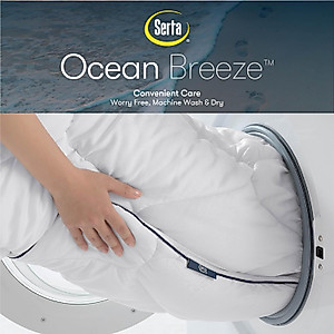Serta Ocean Breeze Elastic Fitted Breathable Pillow Top Mattress Pad Protector with Sustainable Fiber Fill and Tencel Cover for All Season, Queen, White