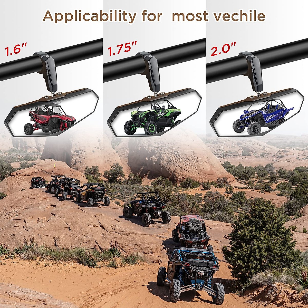 Evermotor UTV Rear View Mirror for 1.6"-2" Roll Bar Cages, Universal Center Mirror with 360° Adjustable Aluminum Clamp Compatible with ATV Polaris RZR Ranger Scooter Kawasaki Mule Pioneer Gator