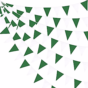 32Ft Green and White Banner Party Decorations Triangle Flag Fabric Banner Cotton Pennant Bunting Garland for Christmas Wedding Birthday Home Nursery Outdoor Garden Hanging Festivals Decoration