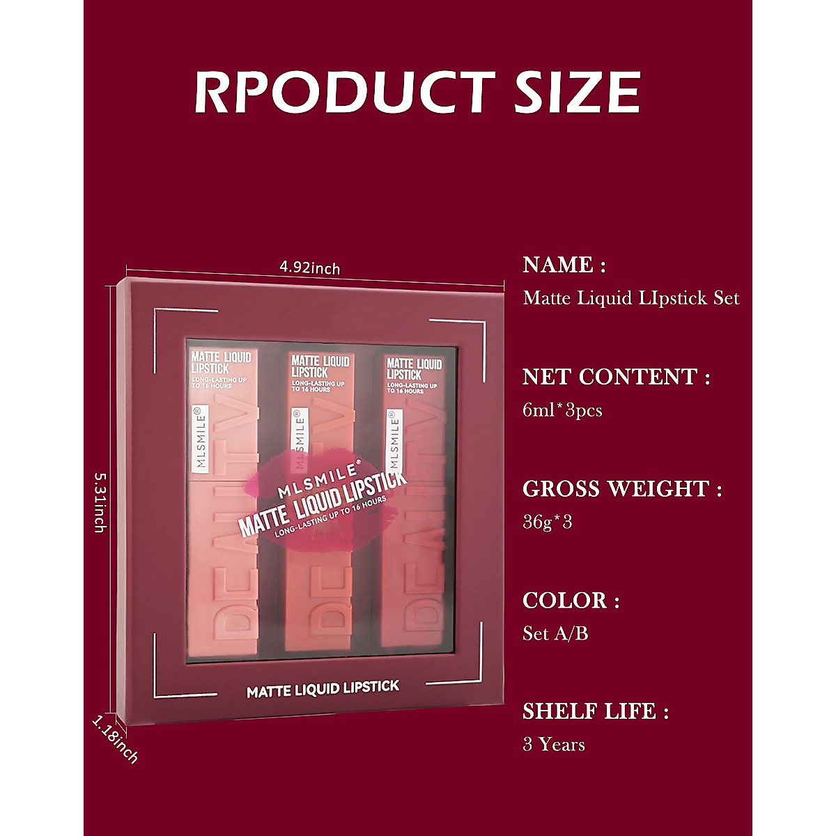 Matte Liquid Lipstick Set-3Pcs High Pigmented Lip Stain Tint,Matte Velvet Lip Gloss,Up to 16H Wear Lipgloss,Long Lasting Waterproof Non-Stick Cup Tinted Lip Blam Lipstain,Makeup Gift for Women-Set B