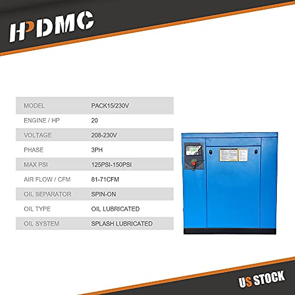 HPDMC 20 HP Rotary Screw Compressor 208-230Volt, 60HZ, 3-Phase / 81CFM@MAX150PSI Spin-on Oil Separator easy maintenance Industrial Air Compressed System