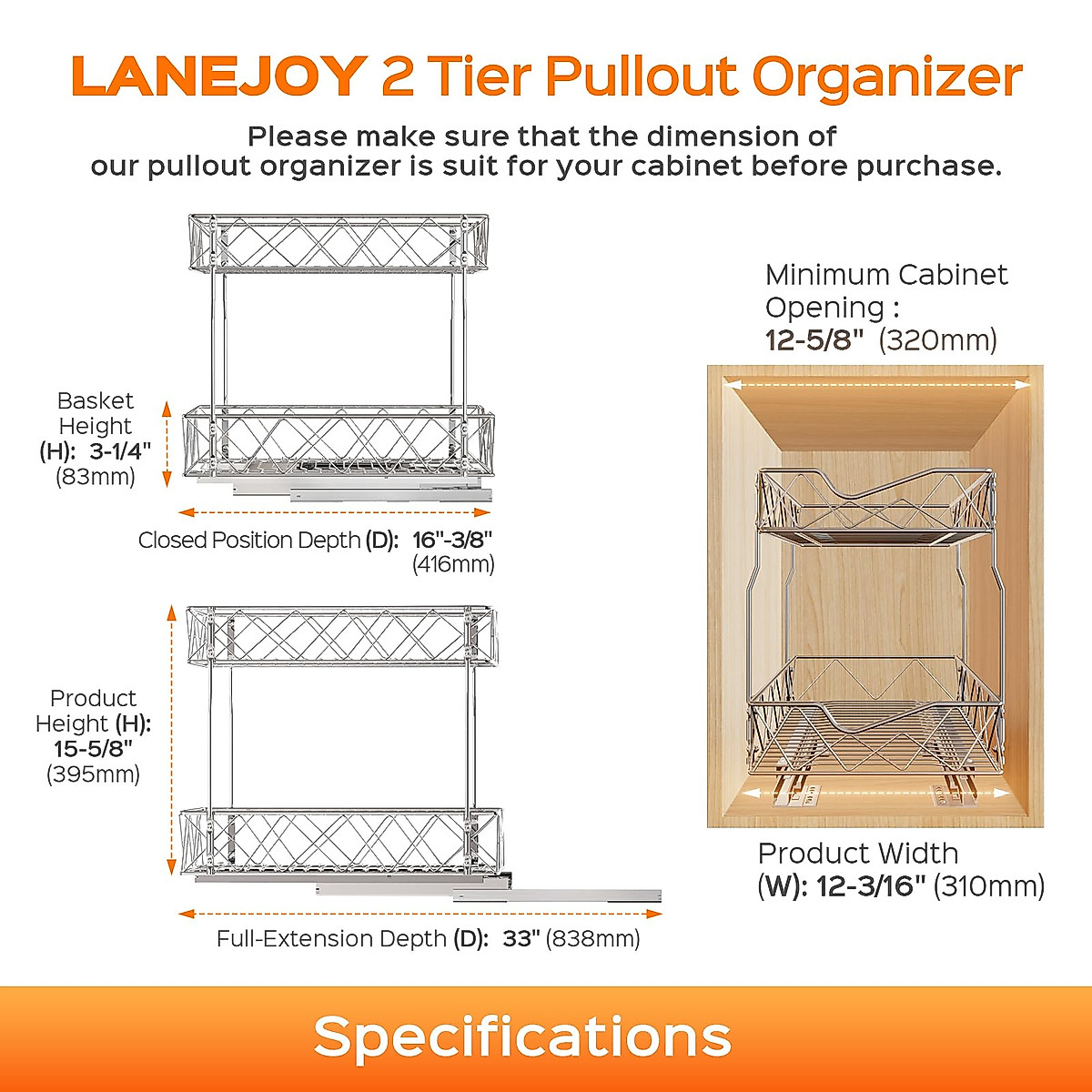 LANEJOY 2 Tier Pull Out Shelf(12 1/8" W x 16 3/8" D), Stainless Steel Slide Out Cabinet Organizer, Heavy Duty Under Sink Organization Storage for Kitchen Base Cabinet Organization