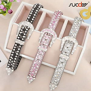 SUOSDEY Men Women Fashion Rhinestone Belt Western Cowgirl Bling Studded Design Leather Diamond Belt for Jeans Dress