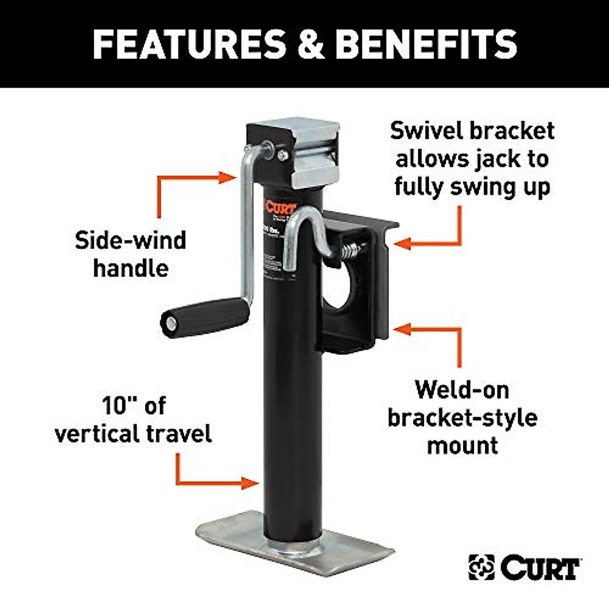 CURT 28302 Weld-On Bracket-Style Swivel Trailer Jack, 2,000 lbs. 10 Inches Vertical Travel