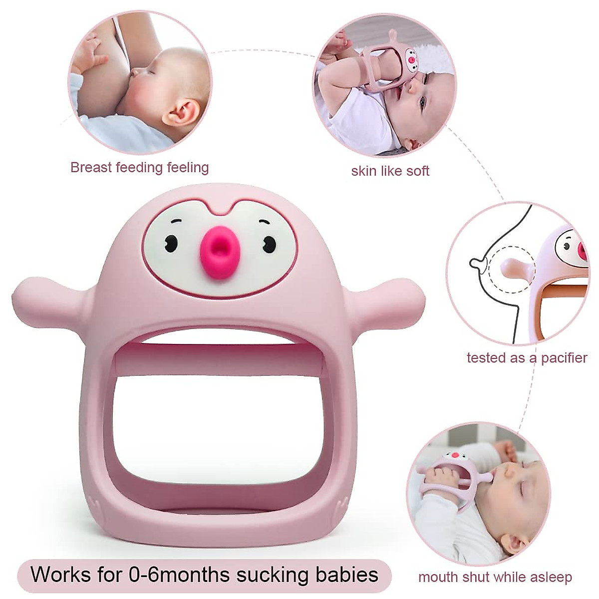 Smily Mia Penguin Buddy Never Drop Silicone Baby Teething Toy for 0-6month Infants, Baby Chew Toys for Sucking Needs, Hand Pacifier for Breast Feeding Babies, Car Seat Toy for New Born,Old Roze