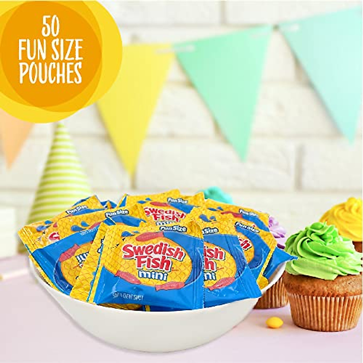 SWEDISH FISH Mini Gummy Candy, Individual Pouches Fun Size, 50 Count Pack