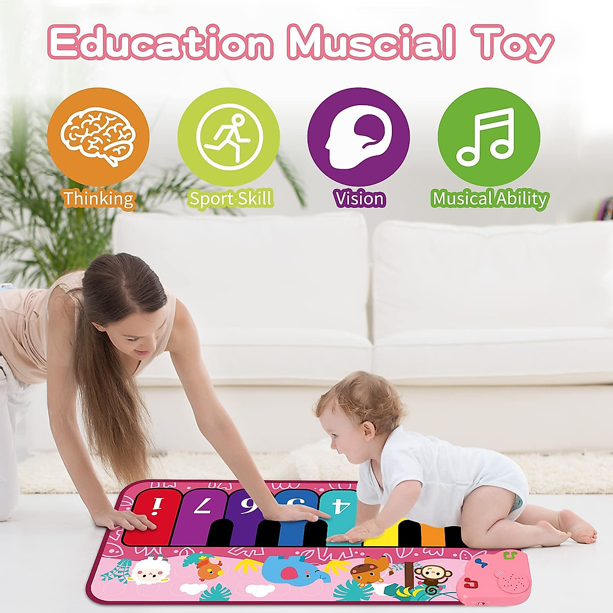 M SANMERSEN Piano Mat for Kids, Keyboard Music Dancing Play Mat with 5 Animal Sounds Electronic Touch Musical Playmat Game Toy Early Education Learning Toys Gift for Toddler Girls and Boys - Pink