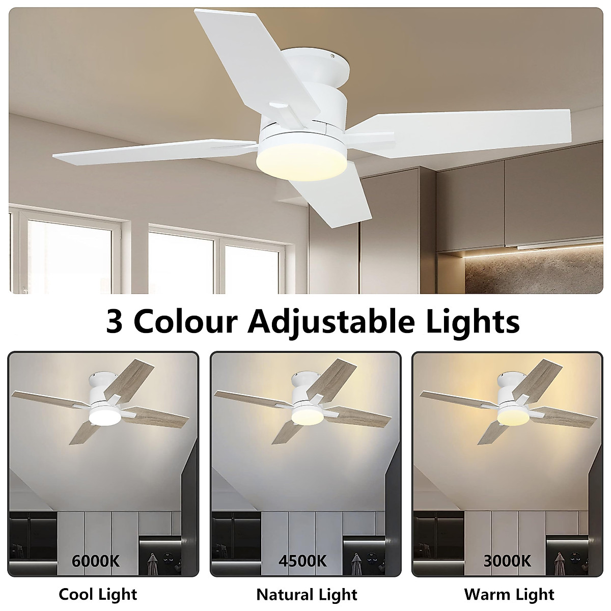 Ohniyou Ceiling Fan with Lights Flush Mount,40'' Small Ceiling Fans with Lights and Remote Control,Indoor Outdoor Quiet DC White Low Profile Ceiling Fan for Patio Kitchen Dining Room Bedroom