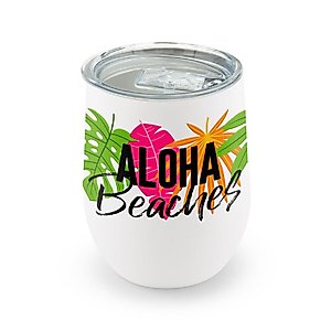 WEDDINGSTAR Personalized Stemless Travel Tumbler 12oz – Insulated Stainless Steel Wine Glass with Lid - Aloha Beaches - White