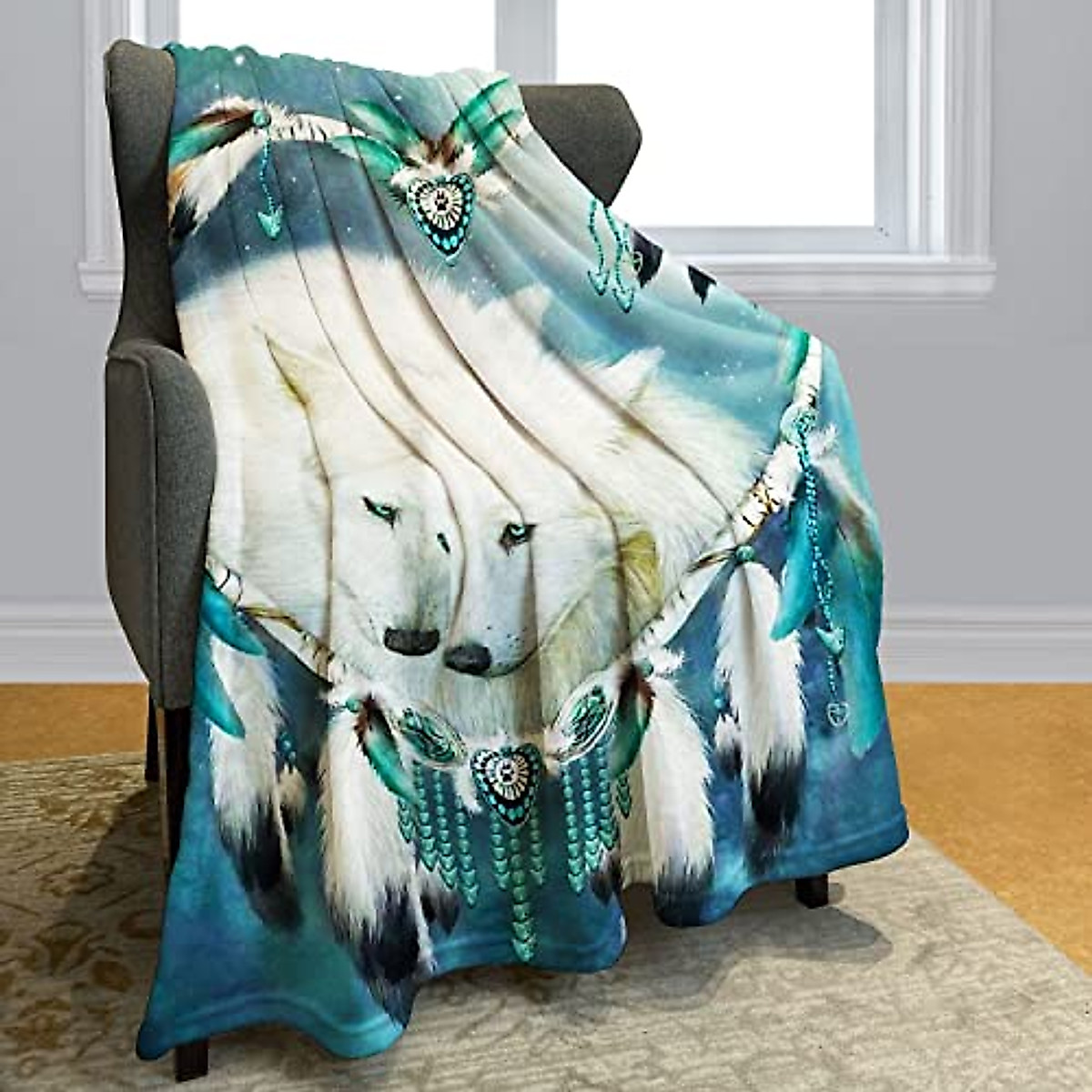 YISUMEI Wolf Dream Catcher Throw Blanket Blue Nebula White Wolf Fleece Blanket Soft Warm Cozy for Sofa Couch Bed 60"x80"