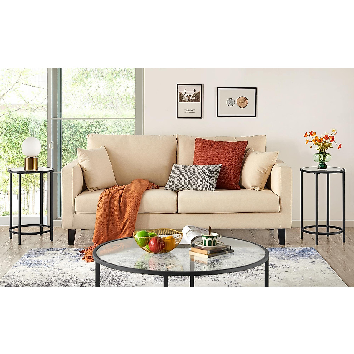 Yaheetech Black Glass End Table Set of 2, Round Side Table Modern Style Tall End Table Accent Table with Glass Top & Metal Frame, 2pcs Glass Side Table for Living Room, Balcony, Bedroom