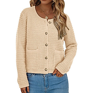 PRETTYGARDEN Women's Knit Cardigan Sweaters Fall Fashion Long Sleeve Open Front Button Down Trendy Casual Sweater Jacket (Beige, Large)