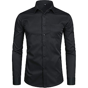ZEROYAA Men's Long Sleeve Dress Shirt Solid Slim Fit Casual Business Formal Button Up Shirts with Pocket ZSSCL01 Black Medium