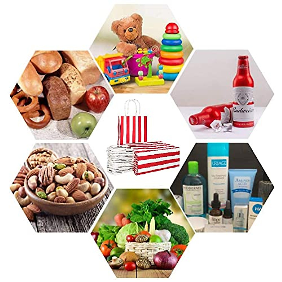 ADIDO EVA 12 PCS Striped Gift Bags Small Red Kraft Paper Bags with Handles for Party Favor Supplies (8.2 x 6 x 3.1 in)