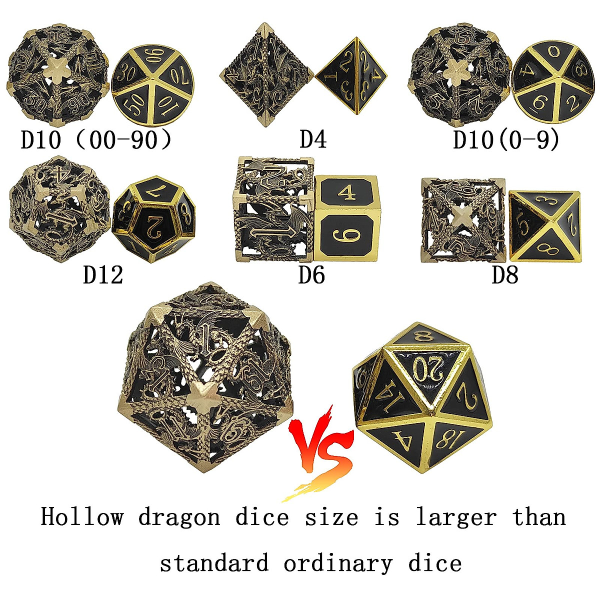 Metal Hollow DND Dice Set D&D Dungeons and Dragons Polyhedral 7-Piece RPG MTG Dice Gift D20 D6 Role Playing Pathfinderboard Game Accessories Digital Teaching Metal Box-Gold