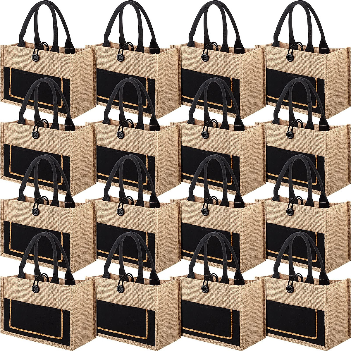 16 Pieces Jute Burlap Totes Jute Tote Bags Reusable Burlap Bags with Handles for Wedding Shopping, 11.8 x 7.87 x 5.5 Inches (Black)