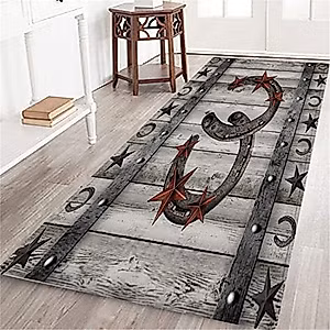 Long Runner Rug Floor Mat,Barn Door Vintage Rustic Wooden Texas Star Rusty Horseshoe Farmhouse Plank Western Retro,Carpet Hallway Living Room Bedroom Area Rugs Bath Kitchen Entrance Door Mats