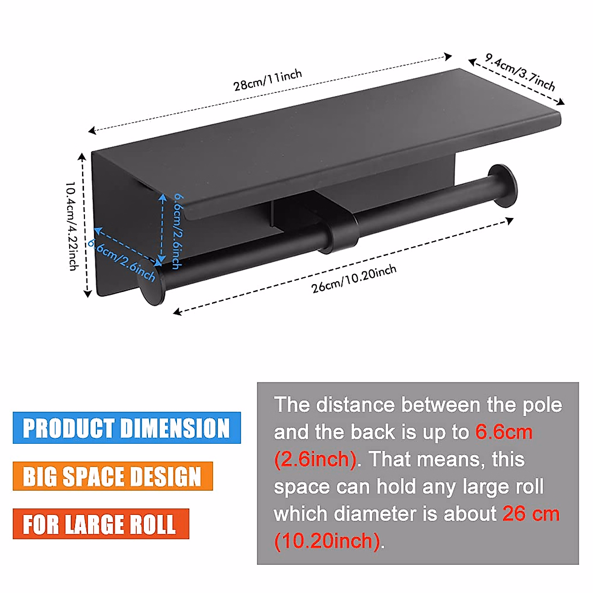 SUNTAI Double Toilet Paper Holder with Phone Shelf, 304 Stainless Steel Modern Bathroom Roll Tissue Holder Wall Mounted, Mattle Black