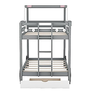 P PURLOVE Car Shaped Bunk Bed Twin Over Twin with Wheels and Shelves, Bunk Bed Frame with Ladder and Drawer, Wooden Bunk Bed for Boys, Girls and Young Teens, No Box Spring Needed (Gray)