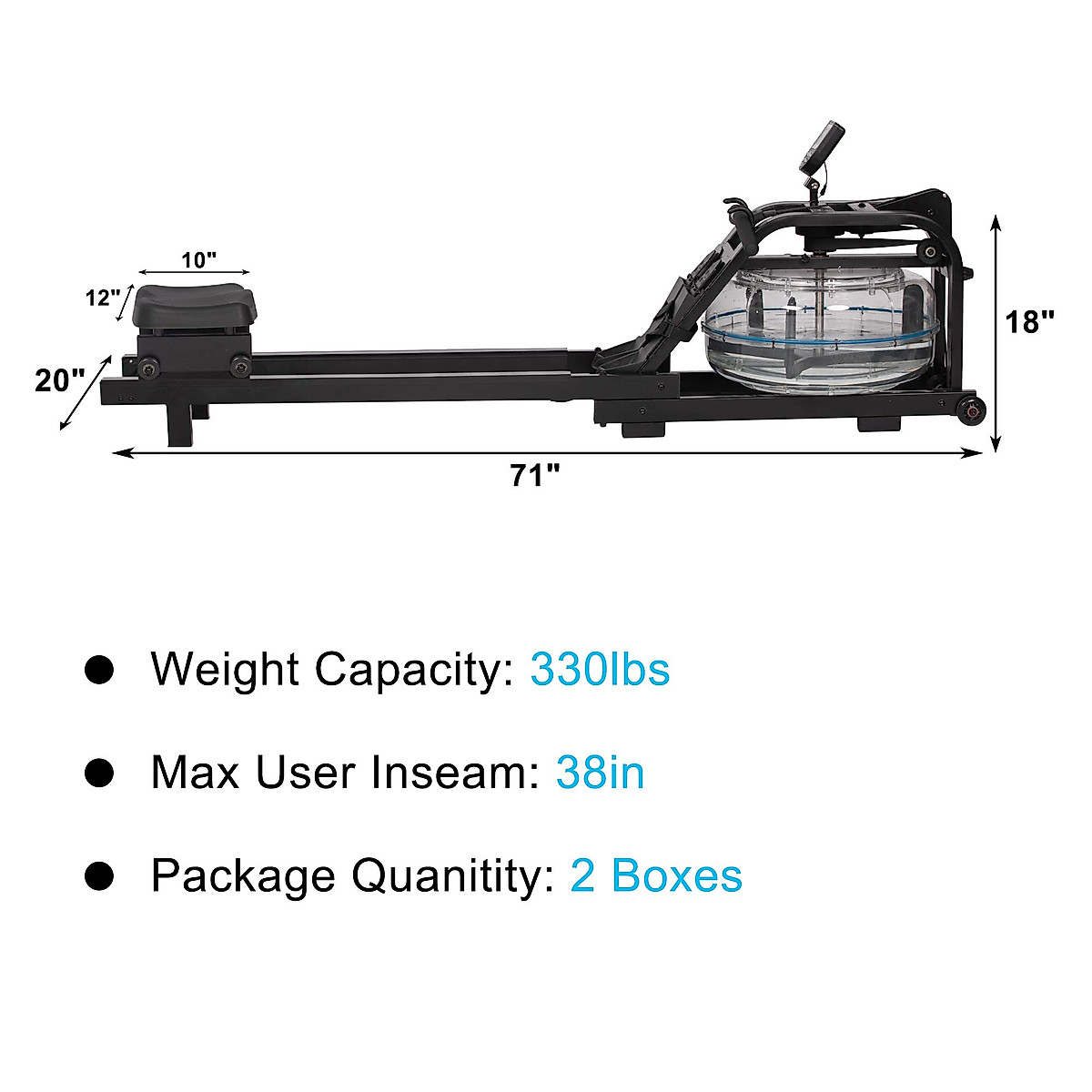 LONABR Water Rowing Machine Steel Frame Water Rower with Digital Monitor Adjustable Resistance Home Gyms Training Fitness Equipment 330lbs Weight Capacity