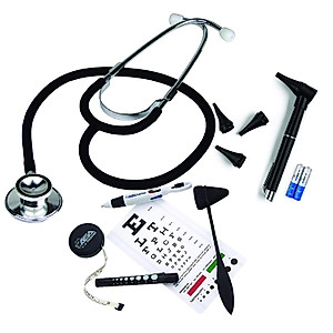 ASA TECHMED Dual Head Stethoscope Set with Snellen Eye Chart, Taylor Percussion Hammer, Otoscope w/Batteries, LED Pupil Gauge Penlight, Retractable Tape Measure, 4 in 1 Ballpoint Pen