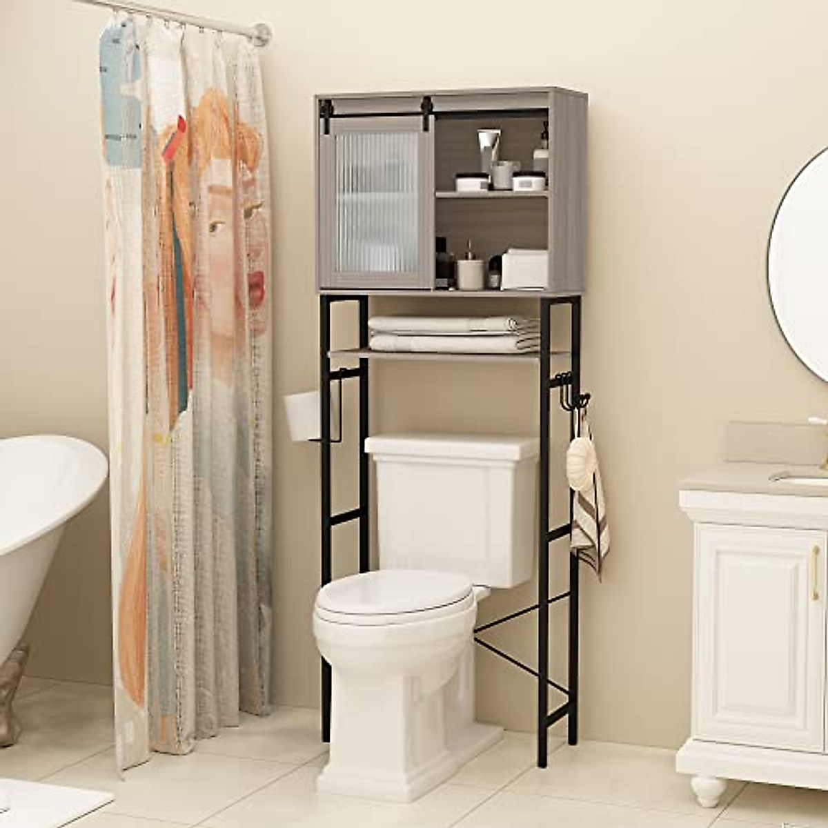 AZODY Over The Toilet Storage Cabinet, Over The Toilet Storage with Adjustable Shelves and Sliding Door, Freestanding Bathroom Organizer Over Toilet for Bathroom, Grey