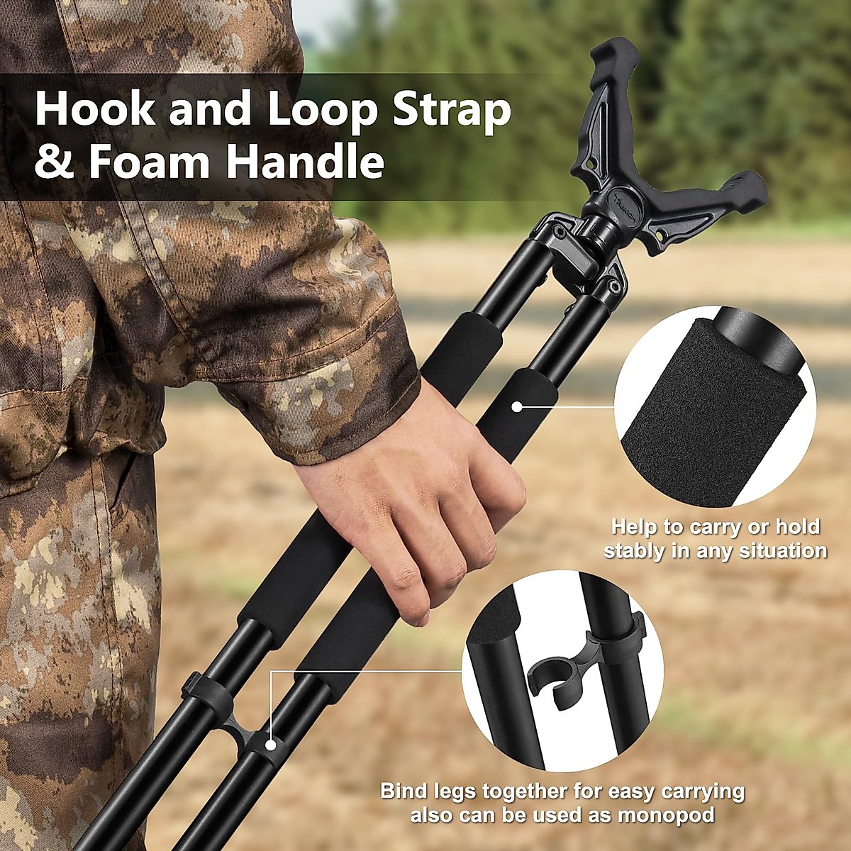 Trakiom Bipod Shooting Sticks for Hunting， Shooting Bipod for Hunting, Adjustable Bipod Shooting Rest, Rifle Bipod with 360° Rubber V Yoke Rest, Twist Lock, Lightweight Aluminum Frame and Spike Feet