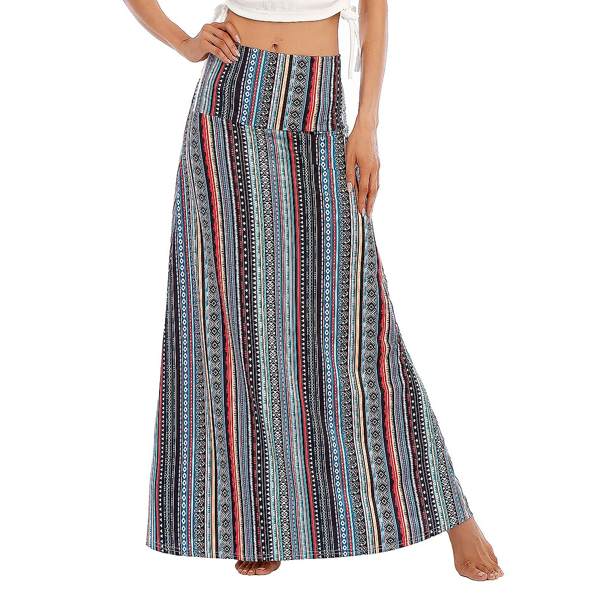 Zando Long Skirts for Women High Waisted Maxi Skirt Casual Trendy Dresses Fold-Over Workout Stretchy Flared Flower Skirt for Girls Geometric Stripe Medium