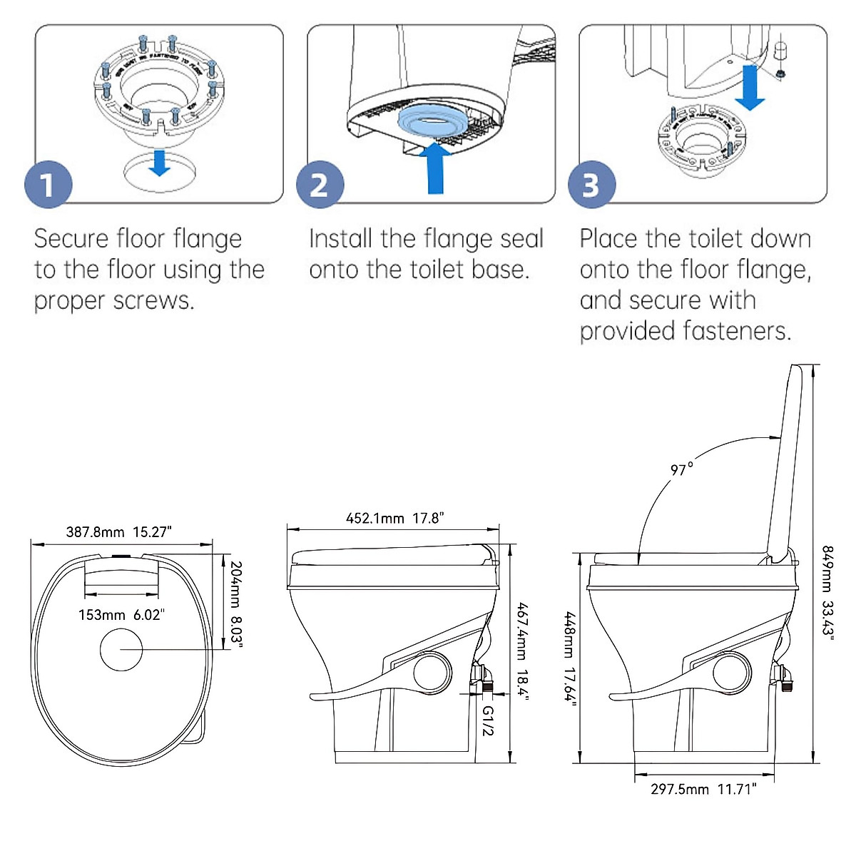 SEAFLO Residential Height Camper/RV Toilet, 18.5” Standard Height, Gravity Flush System, Foot Pedal Operation, Soft Close Seat, Easy-to-Clean Oversized Bowl, 4-Year Warranty