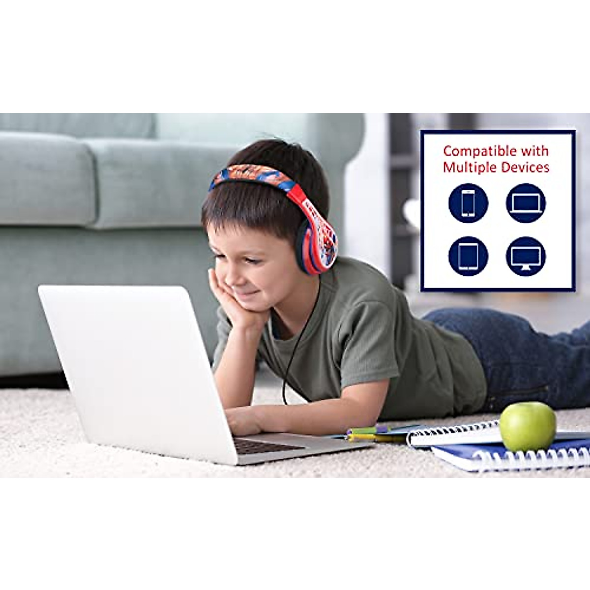 Spiderman Kids Headphones, Adjustable Headband, Stereo Sound, 3.5Mm Jack, Wired Headphones for Kids, Tangle-Free, Volume Control, Foldable, Childrens Headphones Over Ear for School Home, Travel