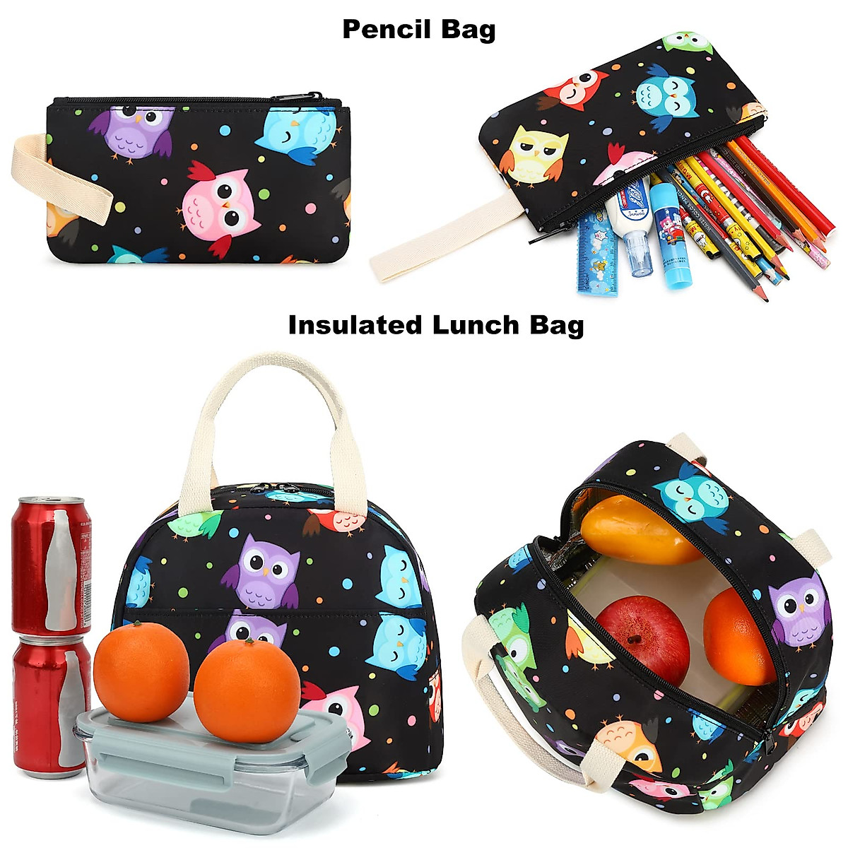 Esfoxes Owl School Backpack for Girls, Kids Teens School Bags Bookbags Set with Lunch Bag Pencil Bag