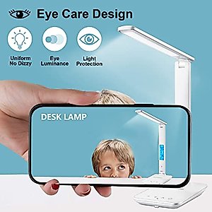 LAOPAO LED Desk Lamp with Wireless Charger, USB Charging Port, Adjustable Foldable ​Table Lamp with Clock, Alarm, Date, Temperature, 5-Level Dimmable ​Lighting​, Office Lamp with Adapter, White