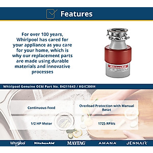 KitchenAid 84211643 1/2-Horsepower Continuous Feed Waste Food Disposer, Red