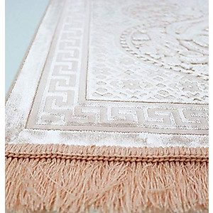 Modefa Velvet Prayer Rug - Soft Plush Turkish Janamaz Sajada Carpet for Men and Women - Plain Solid Prayer Mat Ramadan Eid Gift - with Prayer Beads - Floral Luxury Paisley (Blush Pink)
