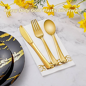 Goodluck 150 Gold Plastic Silverware, Gold Utensil Disposable, Plastic Cutlery Set of 50 Gold Forks, 50 Gold Spoons, 50 Gold Knives for Wedding, Party